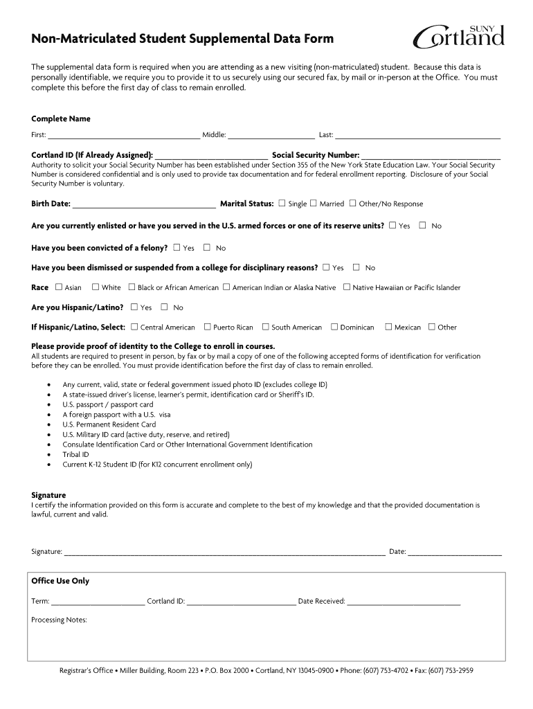 Fillable Online www2 cortland Non-Matriculated Student Supplemental ...