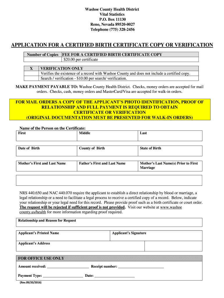 Fillable Online washoecounty APPLICATION FOR A CERTIFIED BIRTH ...