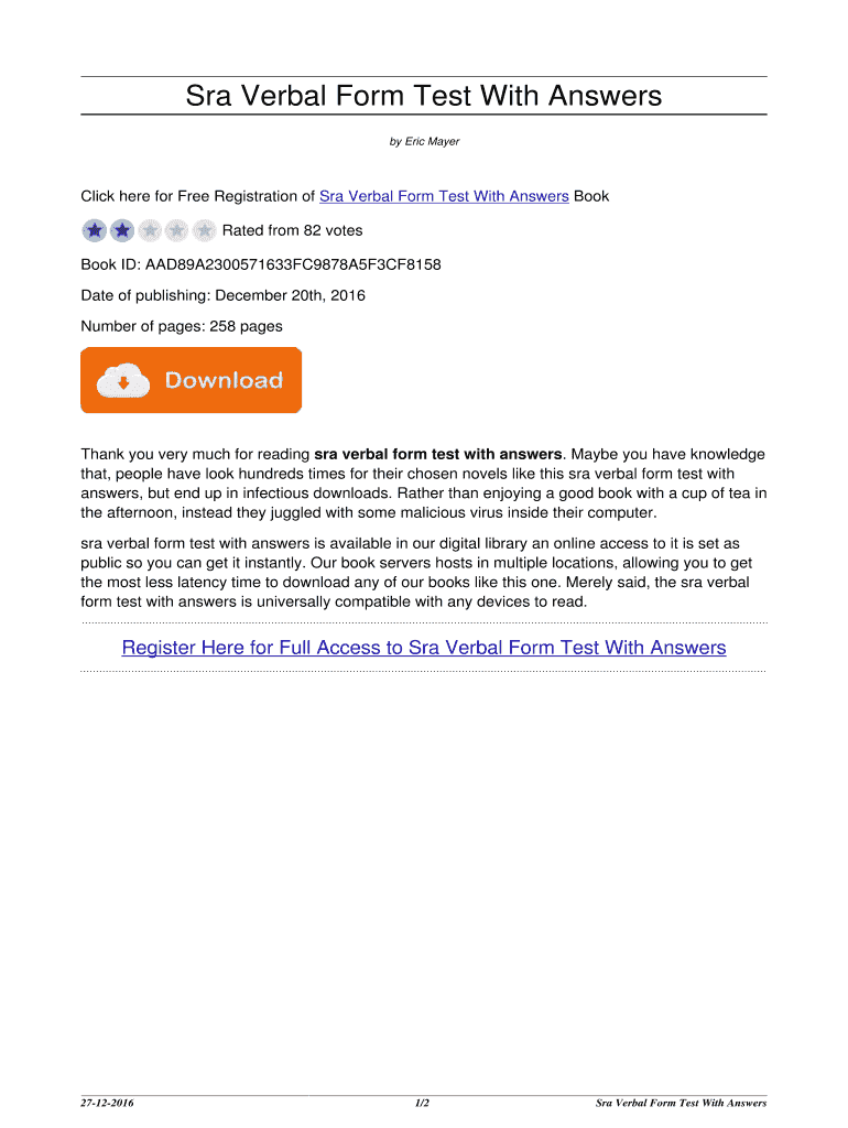 Fillable Online Sra Verbal Form Test With Answers. sra verbal form test ...