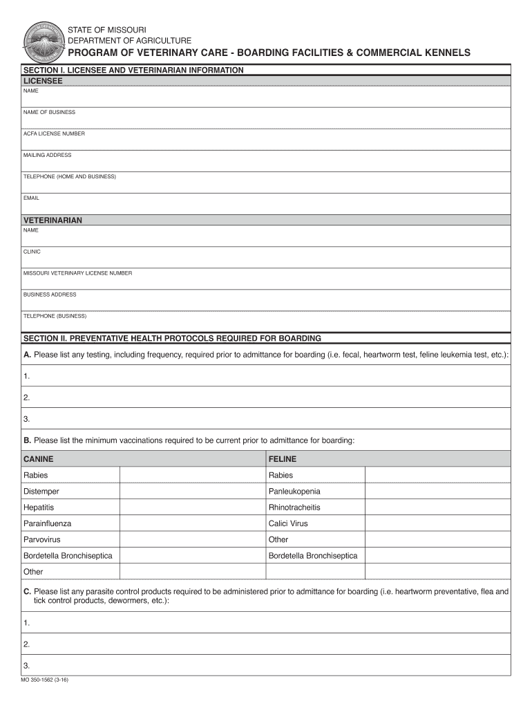 Fillable Online PROGRAM OF VETERINARY CARE - BOARDING FACILITIES ...