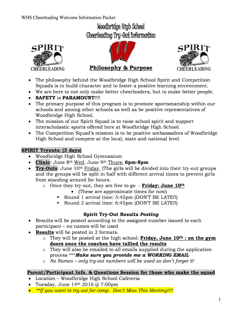 Fillable Online WHS Cheerleading Welcome Information Packet Woodbridge ...