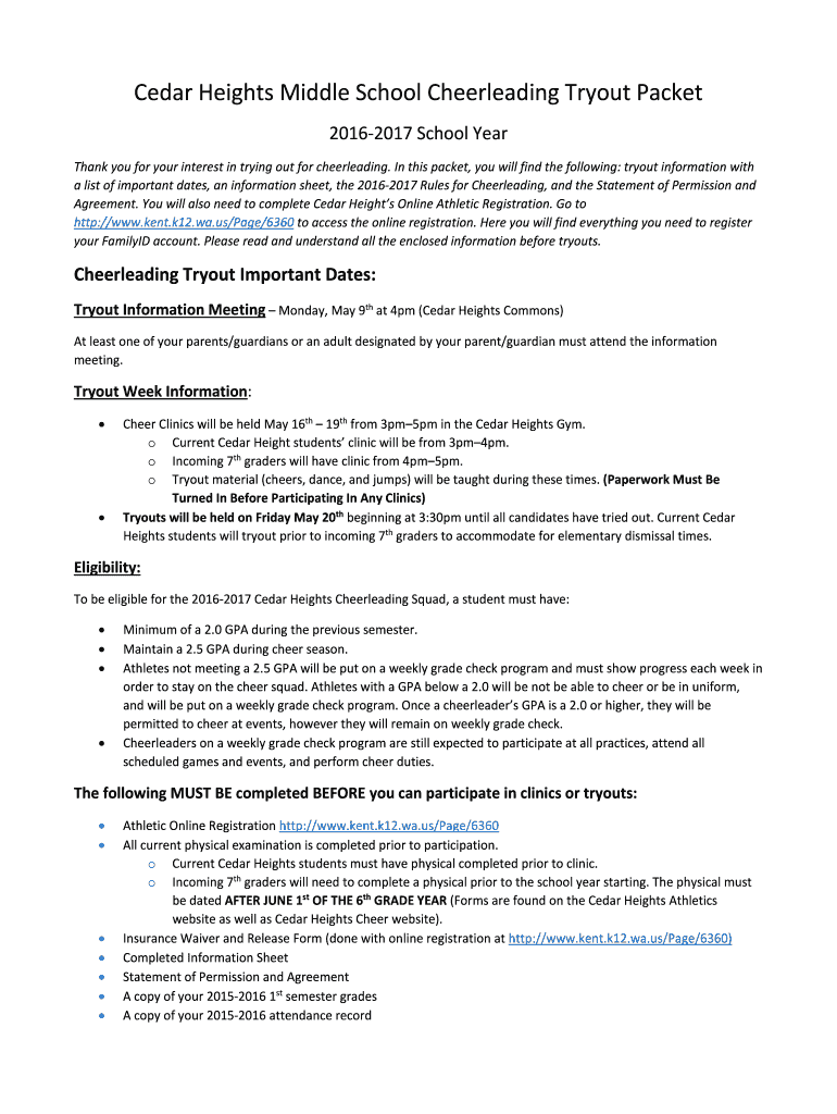 Fillable Online Cedar Heights Middle School Cheerleading Tryout Packet ...