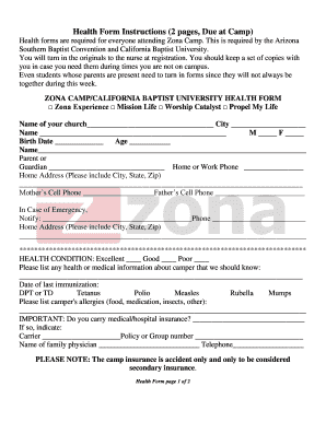 Fillable Online Health Form Instructions (2 pages, Due at Camp) Fax ...
