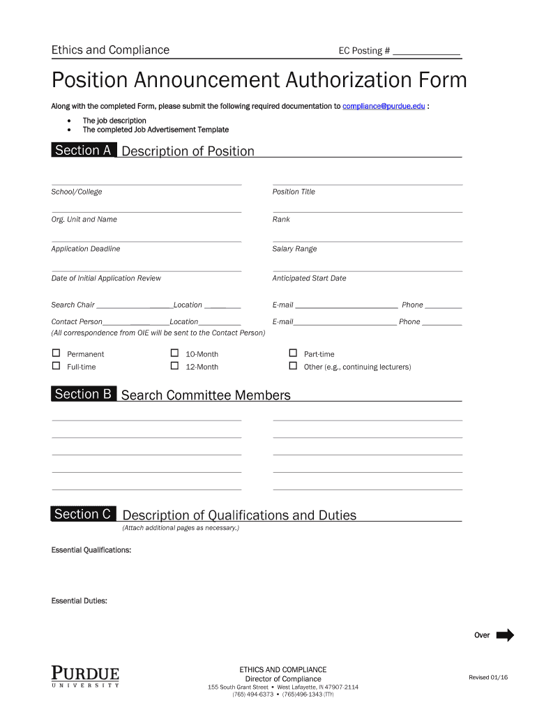 Fillable Online purdue Position Announcement Authorization Form - purdue Fax Email Print - pdfFiller