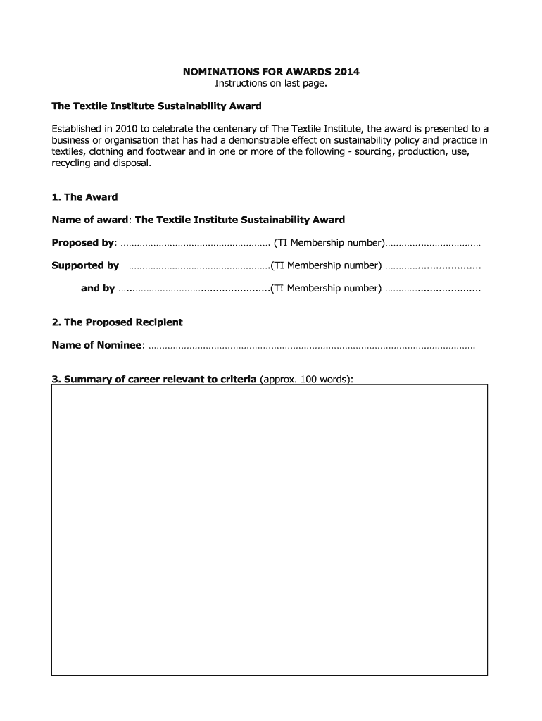 Fillable Online texi NOMINATIONS FOR AWARDS 2014 Instructions on last page. Fax Email Print ...