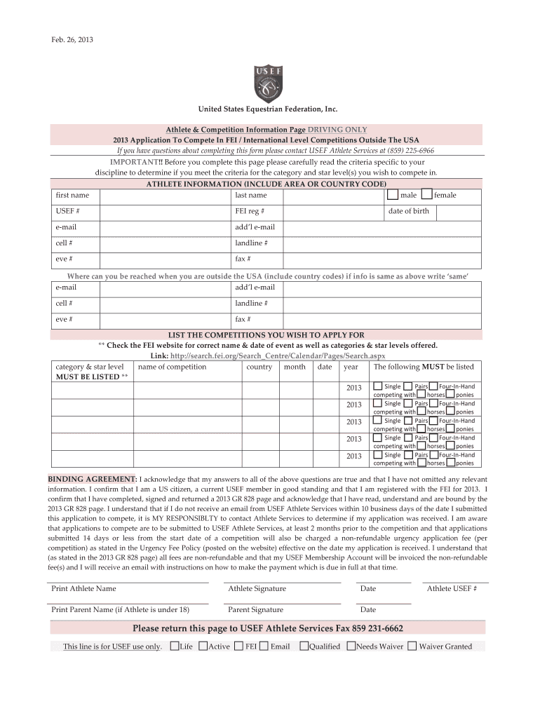 Fillable Online usef 2013 Application To Compete In FEI / International ...