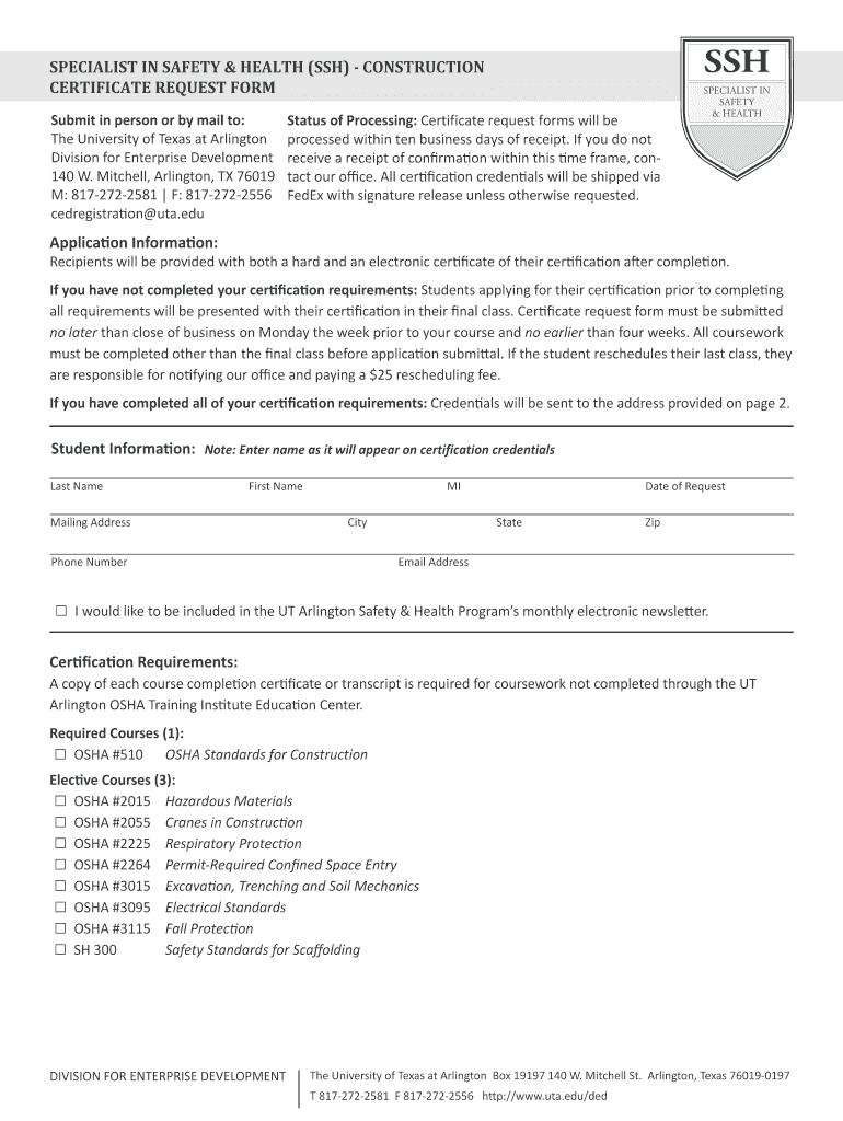 Fillable Online SPECIALIST IN SAFETY & HEALTH (SSH) - SSH CERTIFICATE ...
