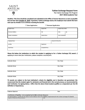 Fillable Online anselm Tuition Exchange Request Form - Saint Anselm ...