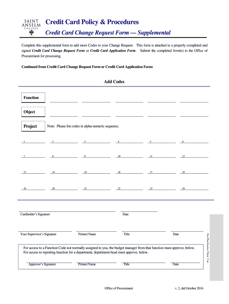 Fillable Online anselm Credit Card Change Request Form-Supplemental ...