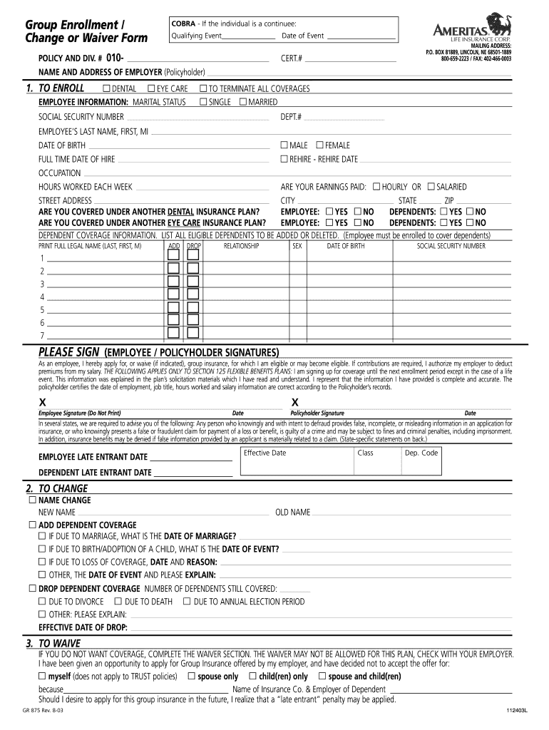 Fillable Online Group Enrollment / COBRA Change or Waiver Form Fax Email Print - pdfFiller