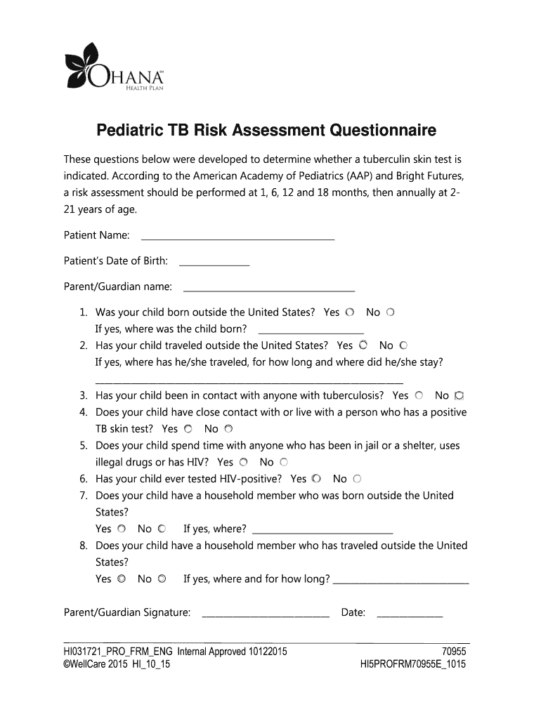 Fillable Online 70955 PRO HI 2016 CAID TB Pedi Risk Assessment Form R ...