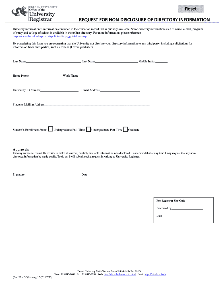 Fillable Online drexel request for non-disclosure of directory ...