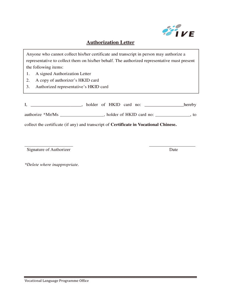 Fillable Online Authorization Letter - vtc.edu.hk Fax Email Print - pdfFiller