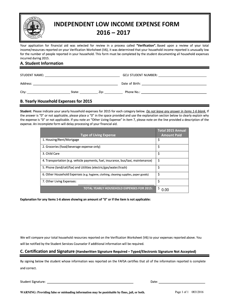 Fillable Online gcu INDEPENDENT LOW INCOME EXPENSE FORM Fax Email Print ...