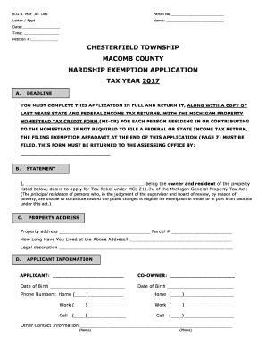 Fillable Online chesterfieldtwp Hardship Exemption Application - Tax ...