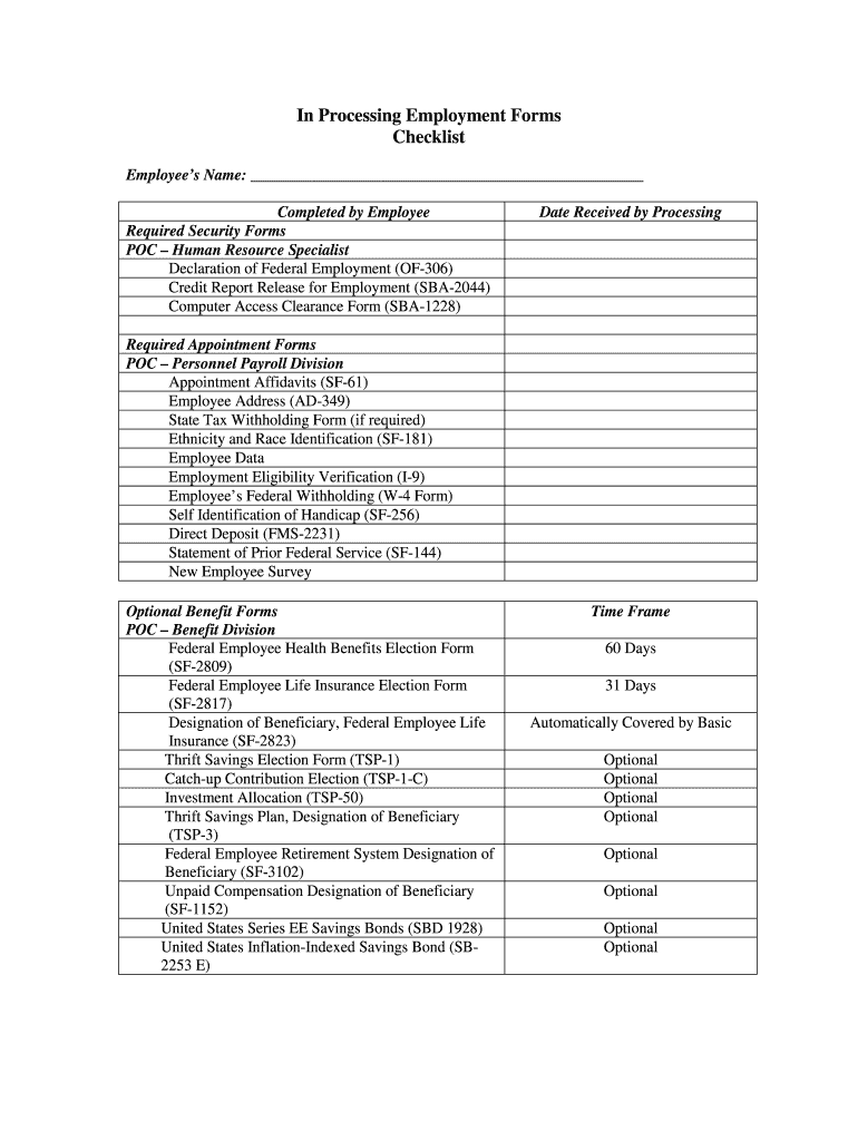Fillable Online web sba In Processing Employment Forms Checklist - web ...