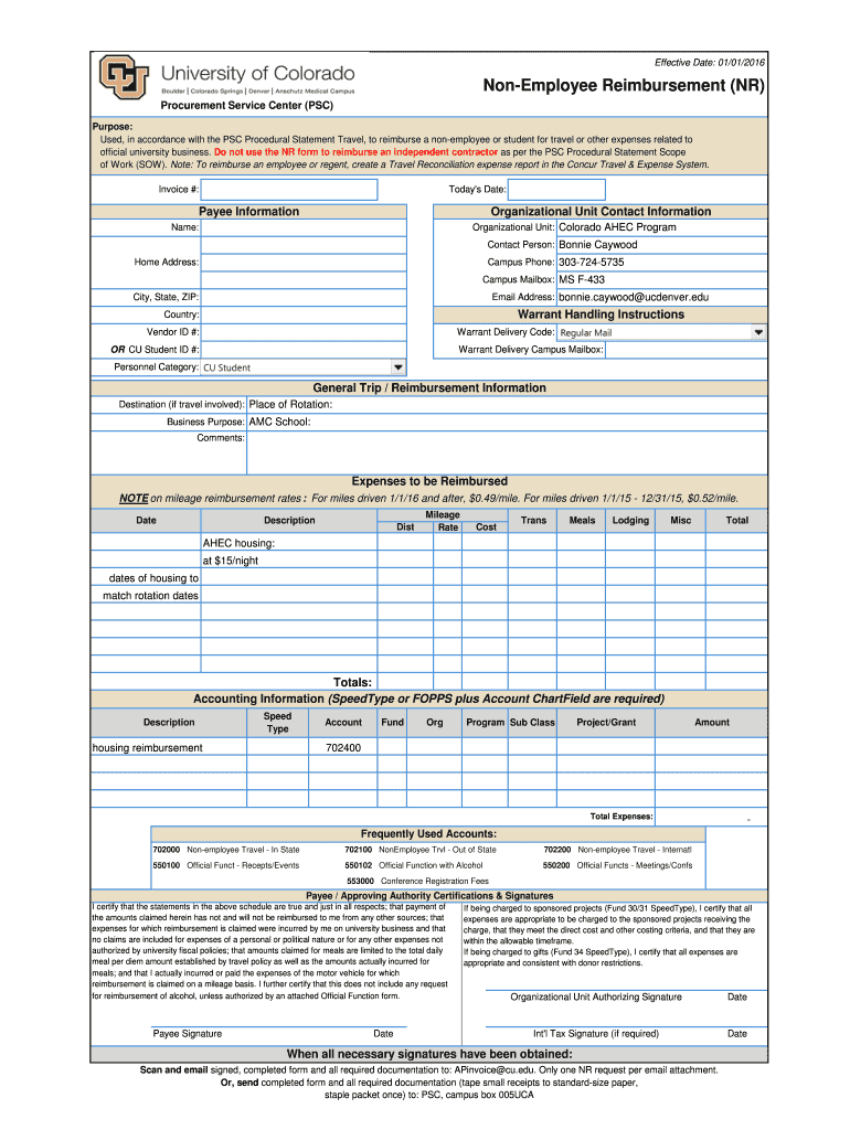 Fillable Online ucdenver Non-Employee Reimbursement (NR) Fax Email ...