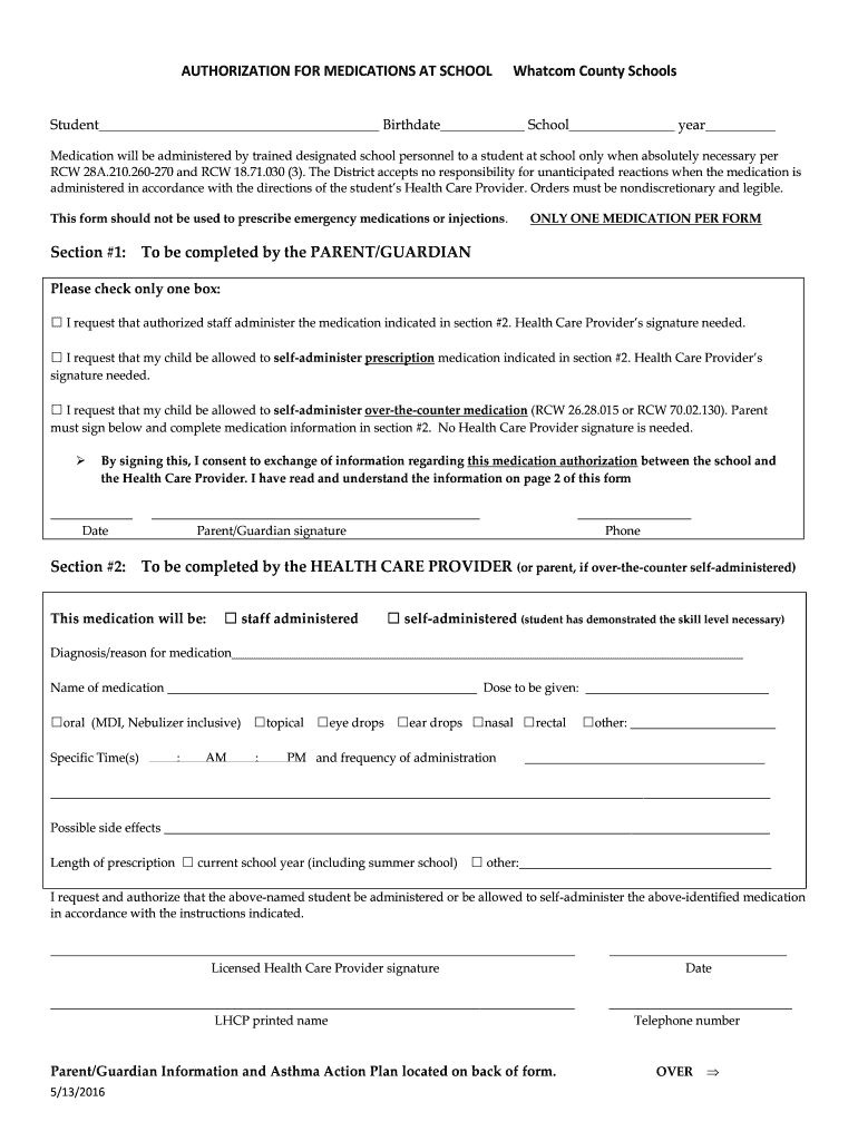 Fillable Online bellinghamschools AUTHORIZATION FOR MEDICATIONS AT ...