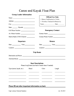 Fillable Online nps Canoe and Kayak Float Plan - nps.gov Fax Email ...