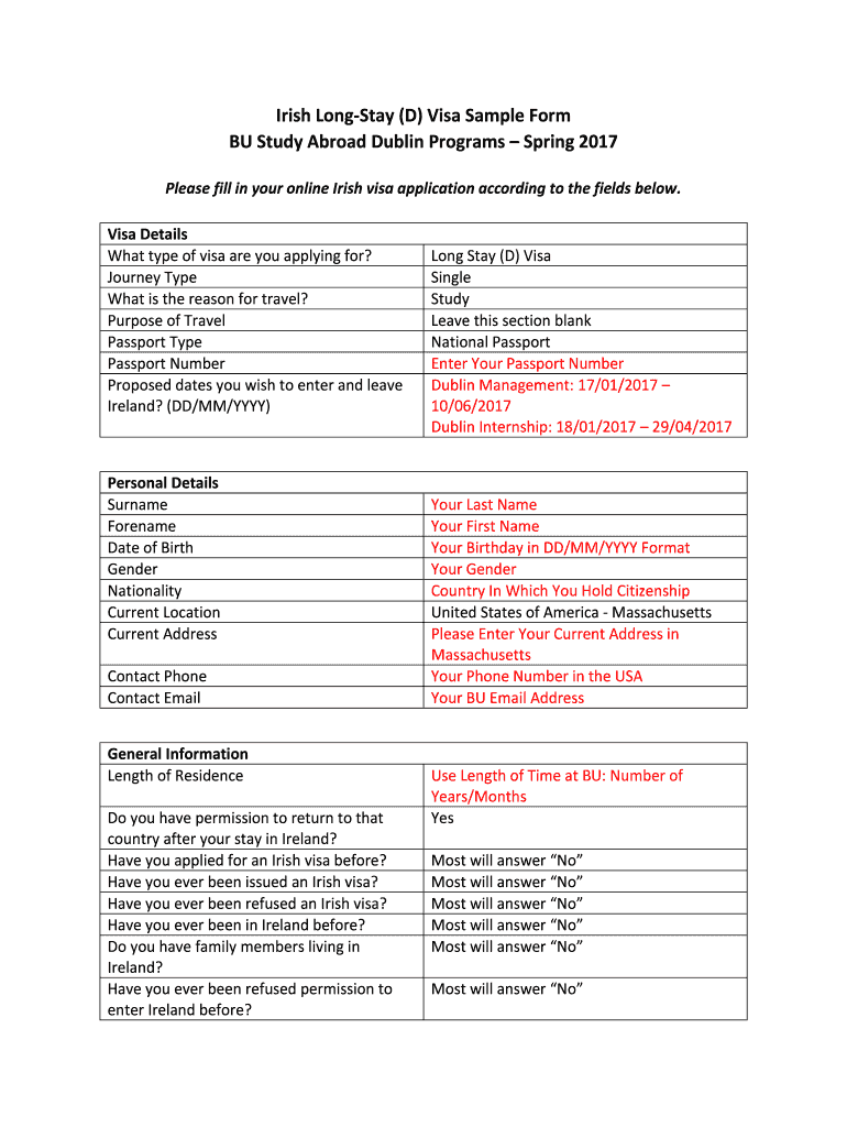 Fillable Online bu Irish Long-Stay (D) Visa Sample Form BU Study ...