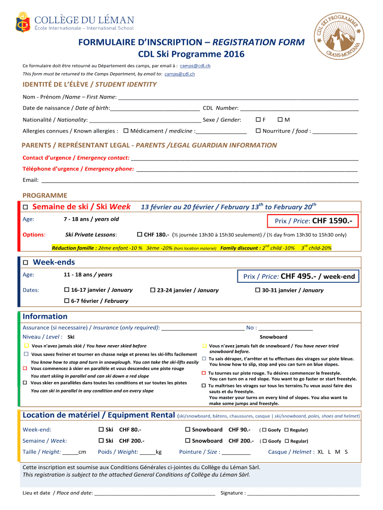 Fillable Online FORMULAIRE D INSCRIPTION REGISTRATION FORM CDL Ski ...