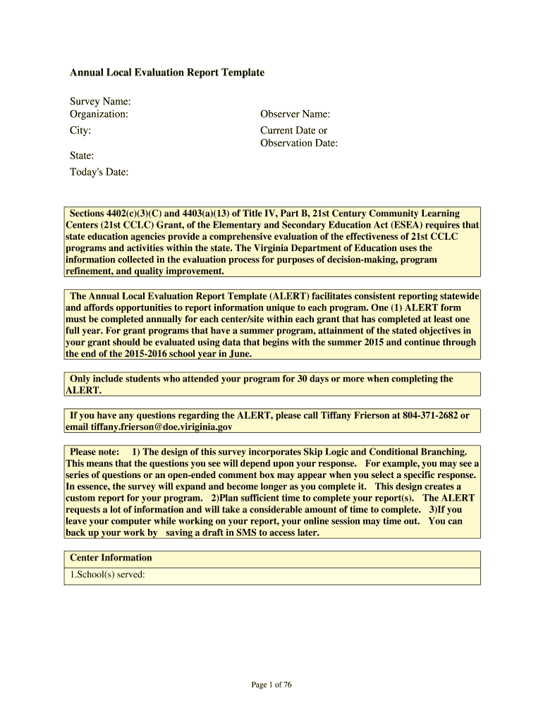 Fillable Online doe virginia Annual Location Evaluation Report Template ...