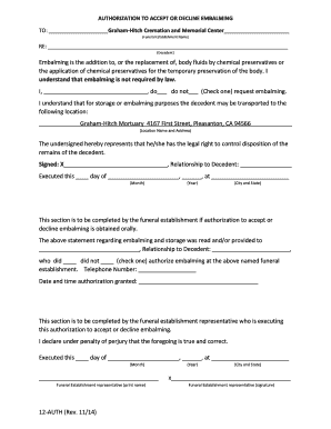Fillable Online AUTHORIZATION TO ACCEPT OR DECLINE EMBALMING Fax Email ...