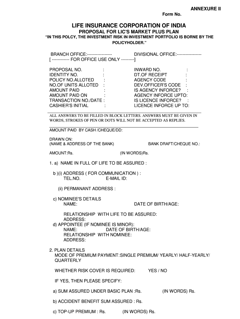 Fillable Online LIFE INSURANCE CORPORATION OF INDIA PROPOSAL FOR LIC S ...