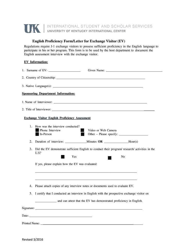 Fillable Online uky English Proficiency Form/Letter for Exchange Visitor (EV) Fax Email Print ...