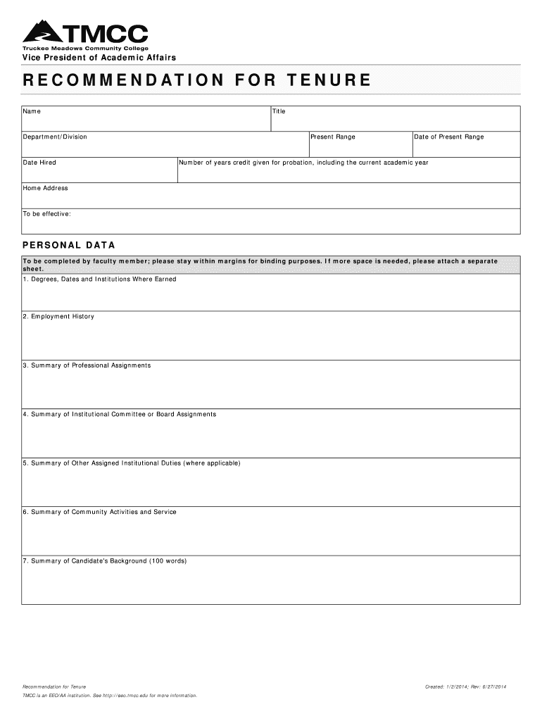 Fillable Online tmcc Recommendation for Tenure Fax Email Print - pdfFiller