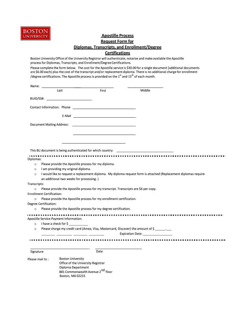Fillable Online bu Apostille Process Request Form for Diplomas ... - Boston University - bu Fax ...