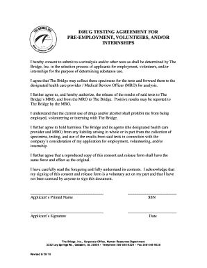Fillable Online DRUG TESTING AGREEMENT FOR PRE-EMPLOYMENT, VOLUNTEERS ...