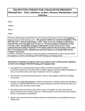 Fillable Online leelanauconservancy 2016 HUNTING PERMIT FOR CEDAR RIVER ...