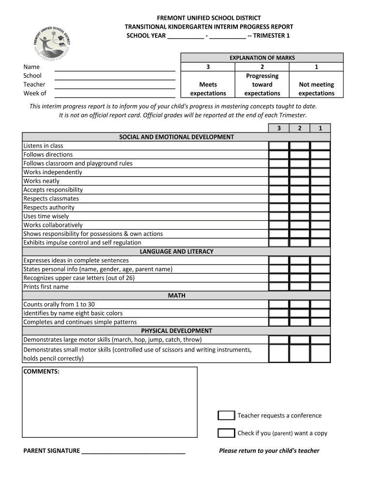 Fillable Online TRANSITIONAL KINDERGARTEN INTERIM PROGRESS REPORT Fax ...
