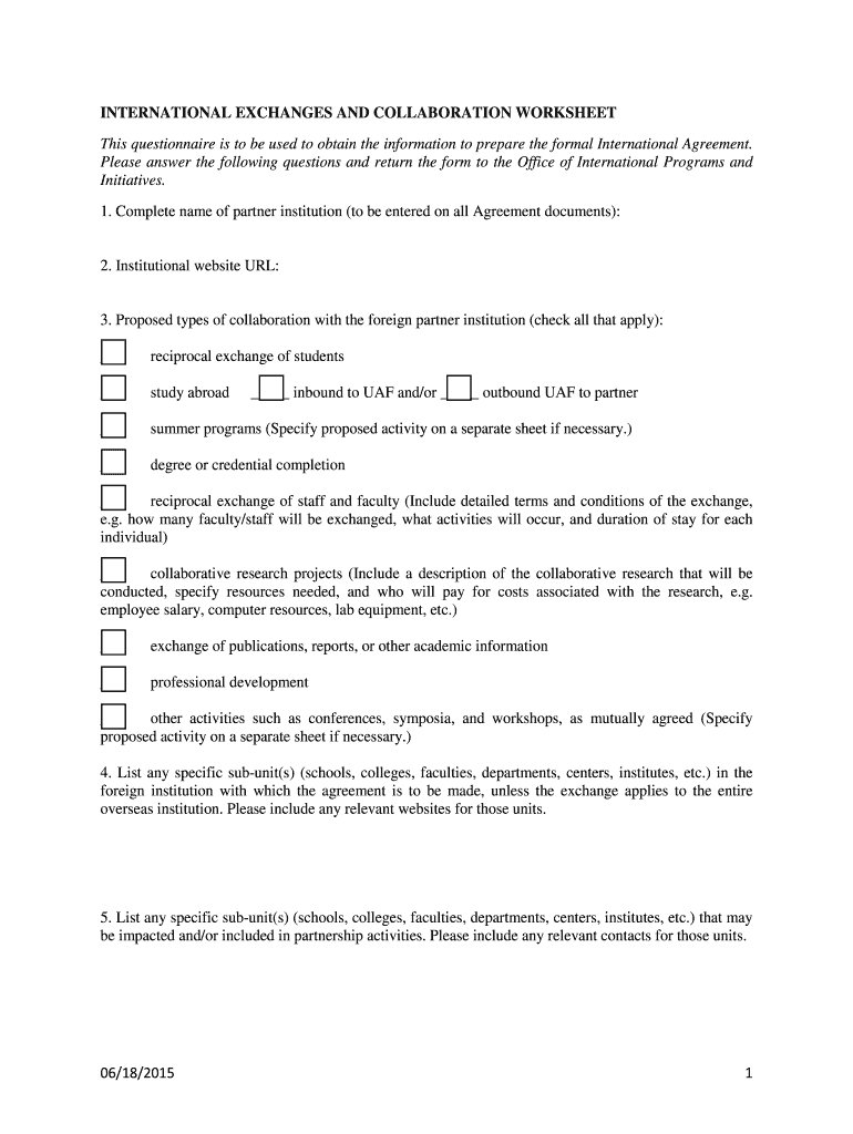 Fillable Online uaf INTERNATIONAL EXCHANGES AND COLLABORATION WORKSHEET ...