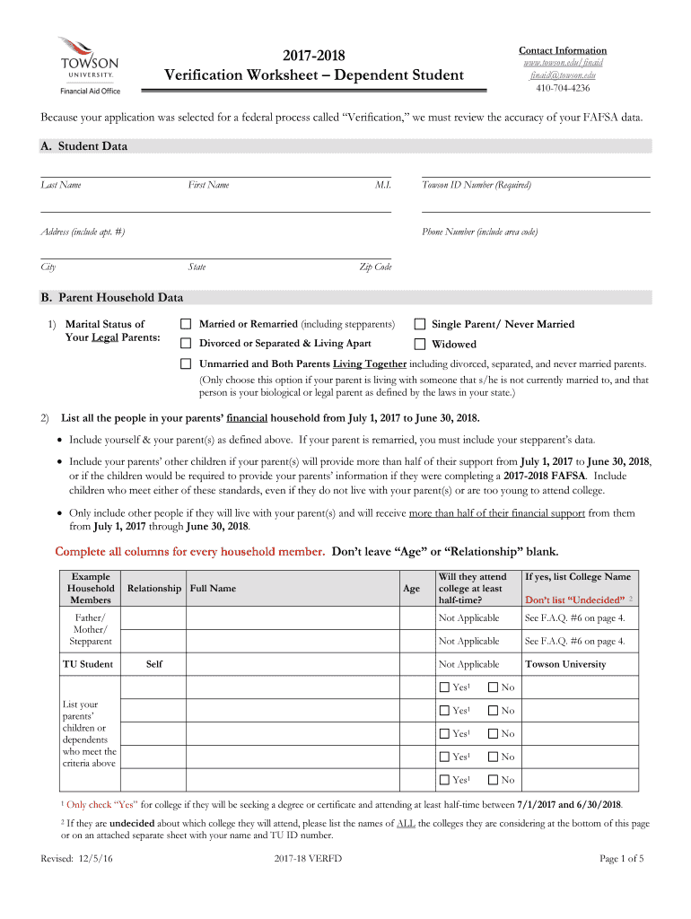 Fillable Online towson 2017-18 Verification Worksheet Dependent ... - Towson University Fax ...