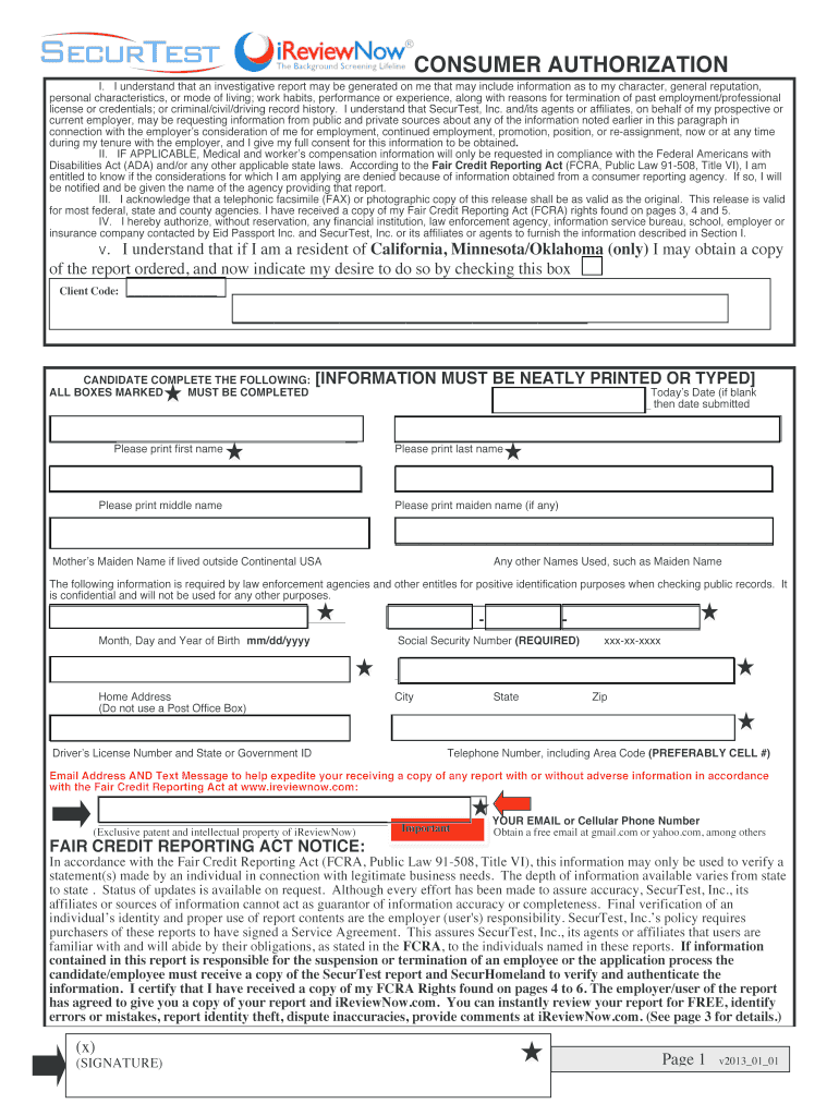 Fillable Online iReviewNow Consumer Authorization 2013.docx Fax Email ...
