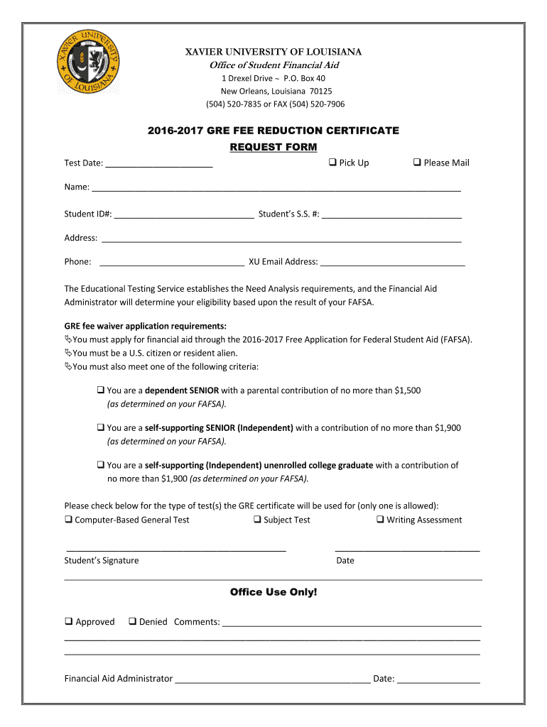 Fillable Online xula GRE Wavier Form - Xavier University of Louisiana ...