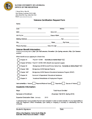 Fillable Online xula Veterans Certification Request Form Veteran Benefit Information ... - xula ...