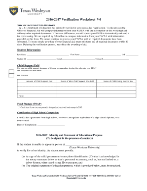 Fillable Online 2016-2017 Verification Worksheet- V4 - Texas Wesleyan University Fax Email Print ...