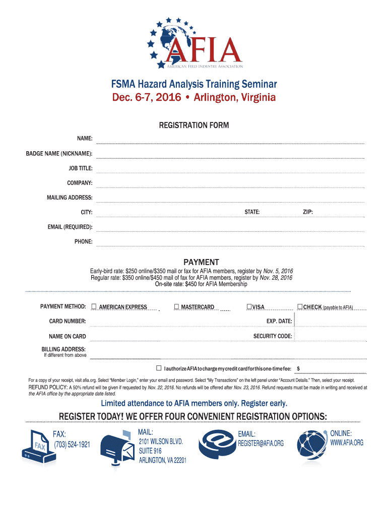 Fillable Online afia FSMA Hazard Analysis Training Seminar Fax Email ...