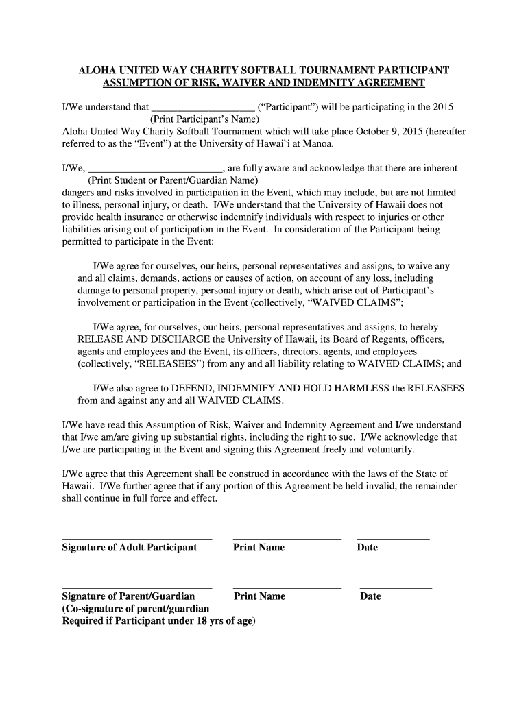Fillable Online hawaii assumption of risk, release and indemnity ...