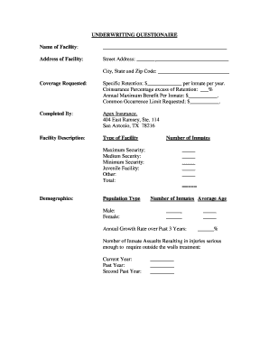Fillable Online UNDERWRITING QUESTIONAIRE Name of Facility: Fax Email ...