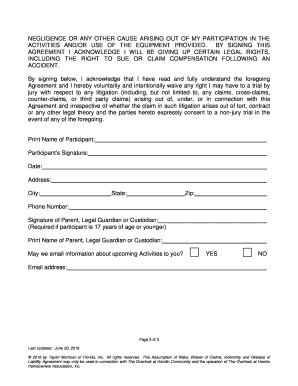Fillable Online ASSUMPTION OF RISKS, WAIVER OF CLAIMS, INDEMNITY AND RELEASE OF Fax Email Print ...