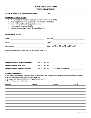 Fillable Online unr math center tutor application form - University of ...