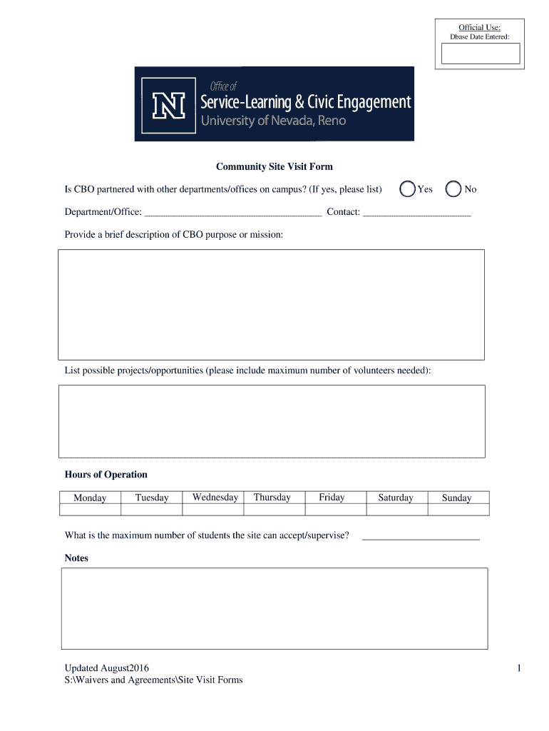 Fillable Online unr 1 Updated August2016 S: Waivers and Agreements Site Visit ... Fax Email ...
