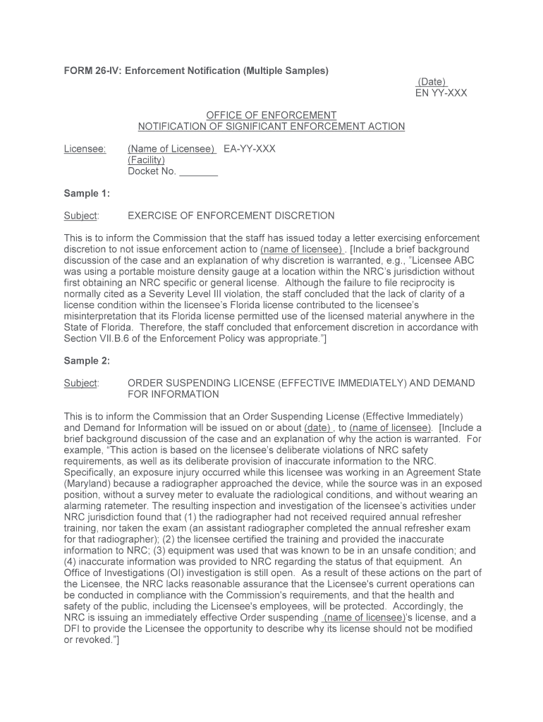 Fillable Online nrc FORM 26-IV: Enforcement Notification (Multiple ...