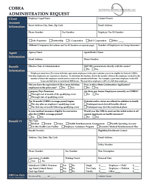 Fillable Online COBRA ADMINISTRATION REQUEST - National Benefit ...
