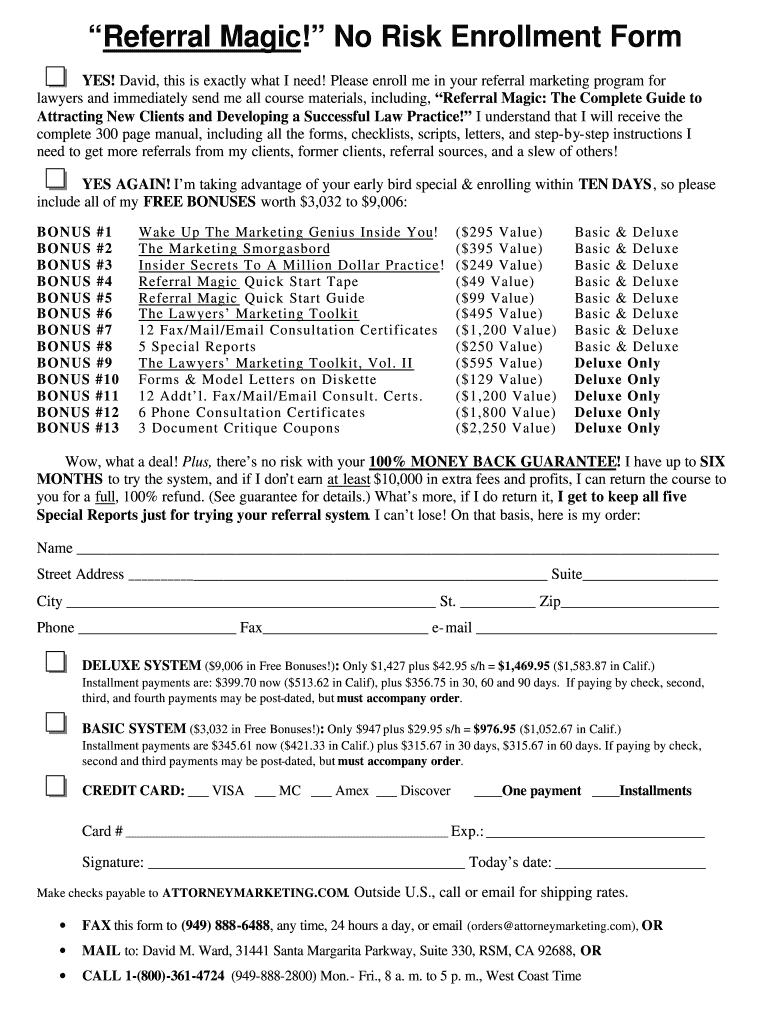 Fillable Online Referral Magic! No Risk Enrollment Form Fax Email Print ...