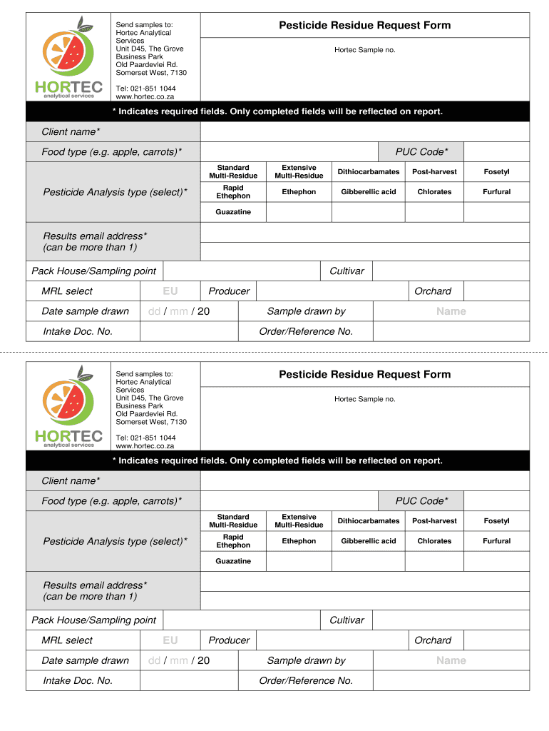 Fillable Online hortec co Send samples to: Pesticide Residue Request ...